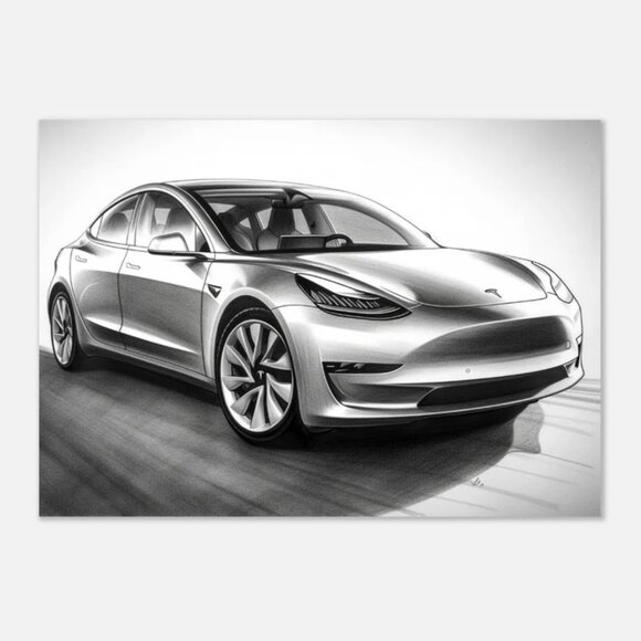 Art | Tesla Model 3 Ultradetailed Grayscale Pencil Sketch Handdrawn ...
